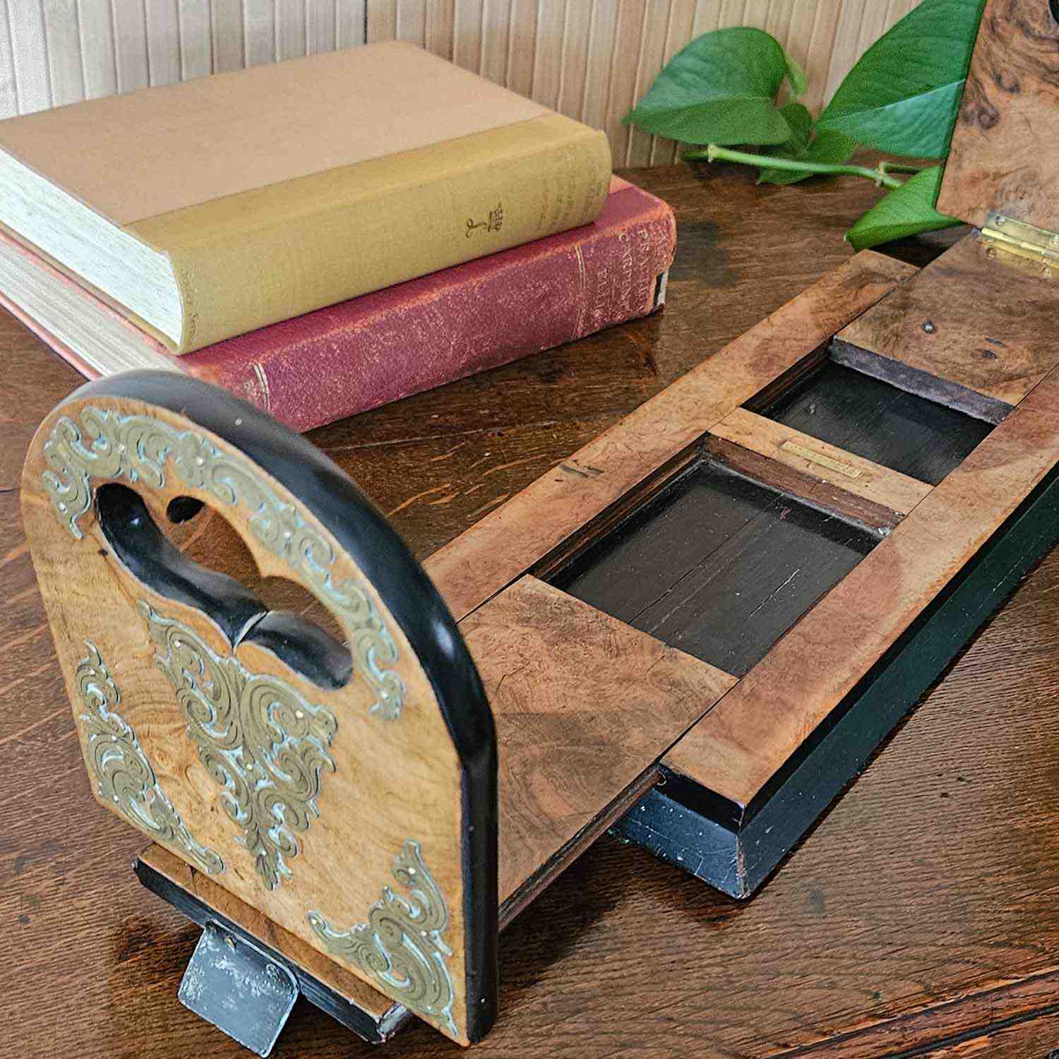 Victorian Burr Walnut and Brass Book Slide with a name plate Timeless