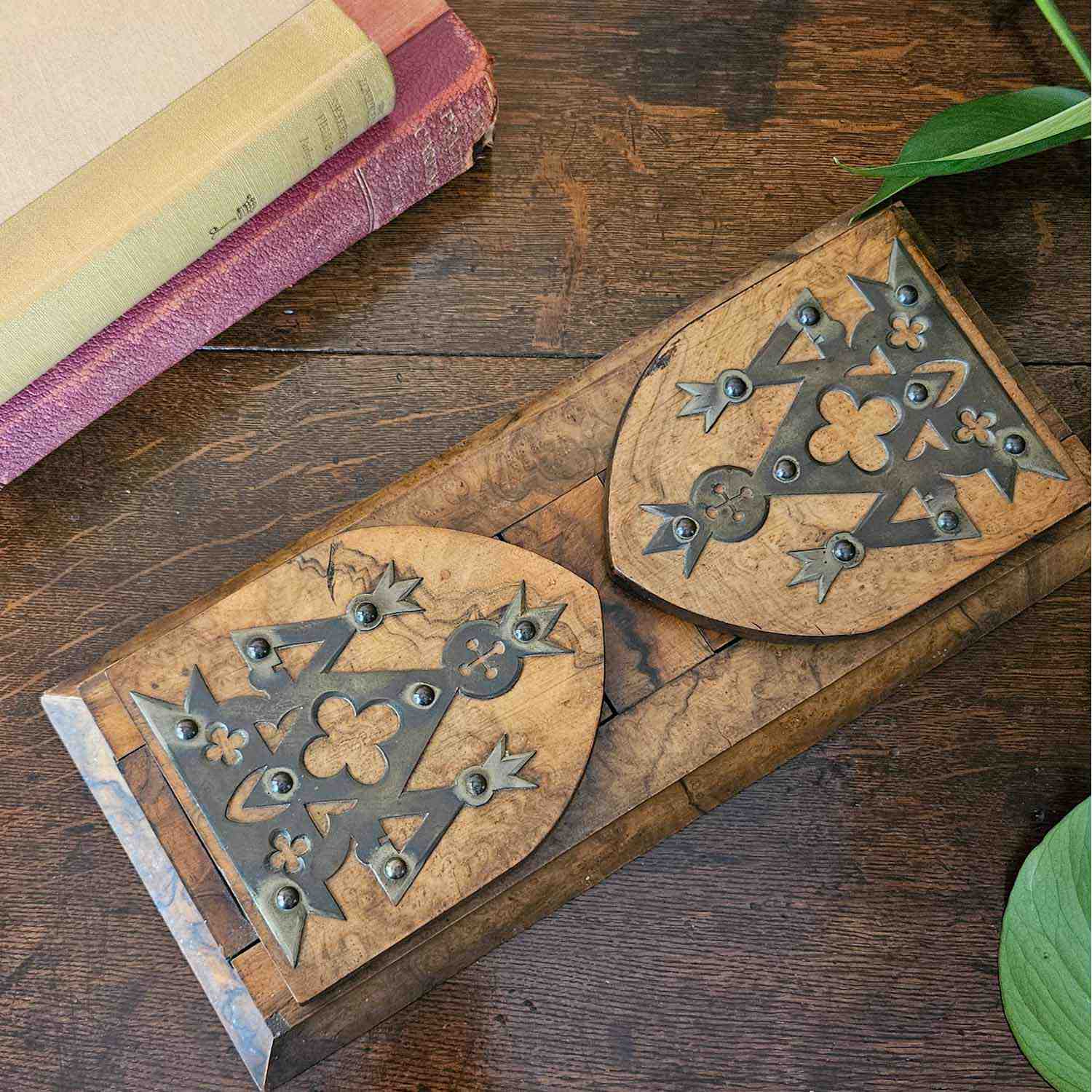 Victorian Burr Walnut and Brass Gothic Style Book Slide Timeless