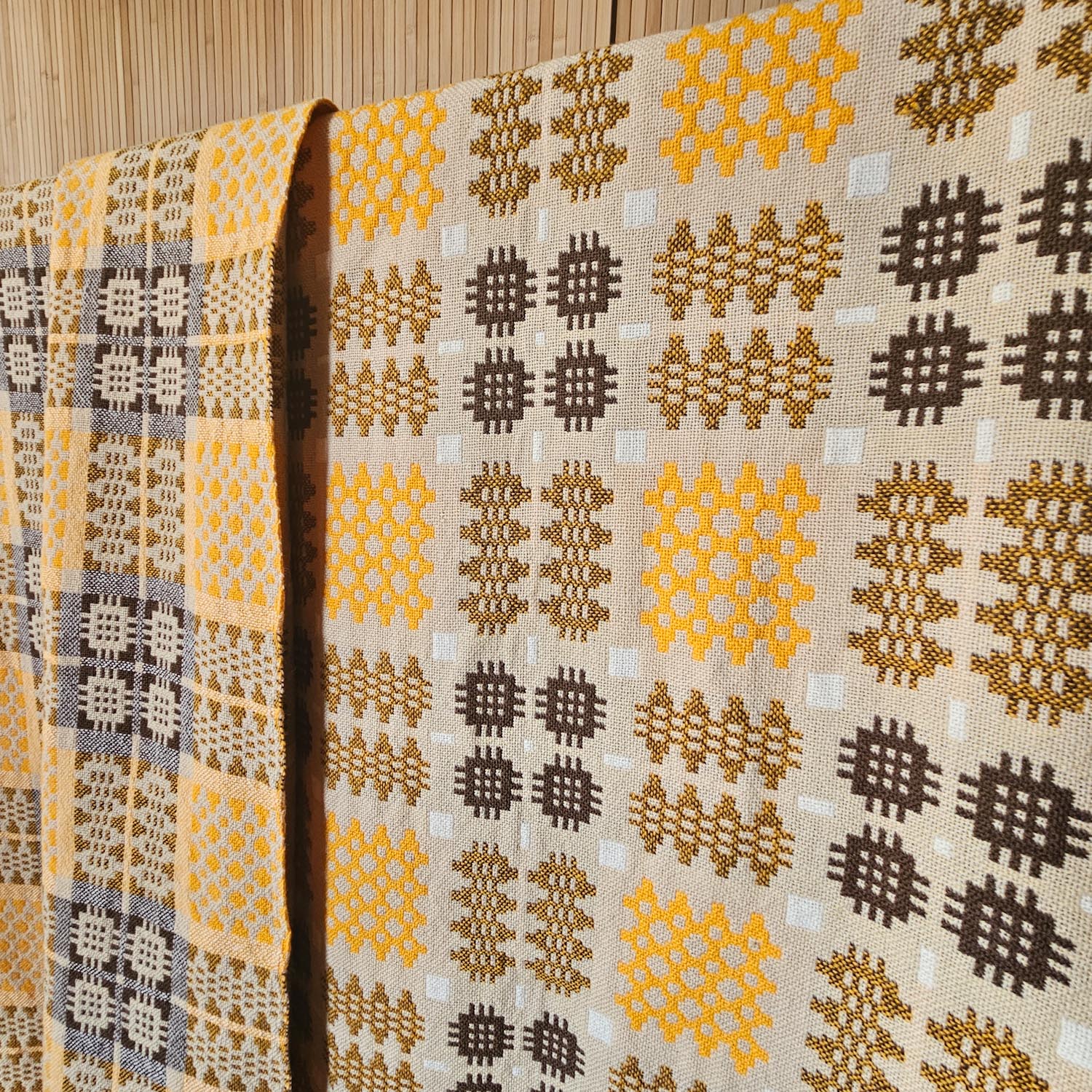 Vintage Welsh blanket in yellow, brown, cream Timeless